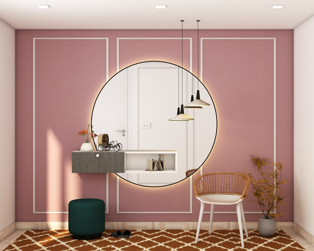 Pink Toned Foyer With Shabby-Chic Interiors And A Circular Mirror ...