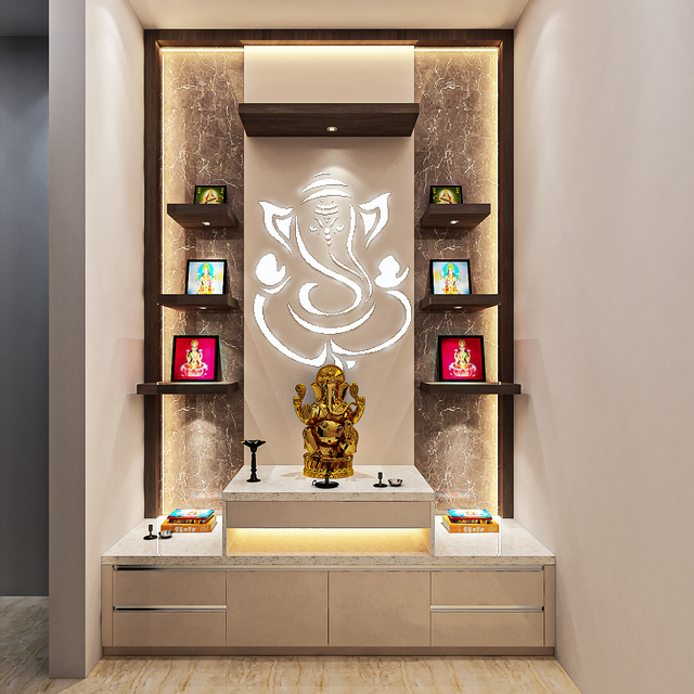 Modern Compact Mandir Design With Backlight | Livspace