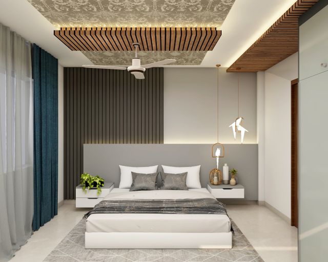 Grey Wall Design With Wooden Rafters For Bedrooms | Livspace