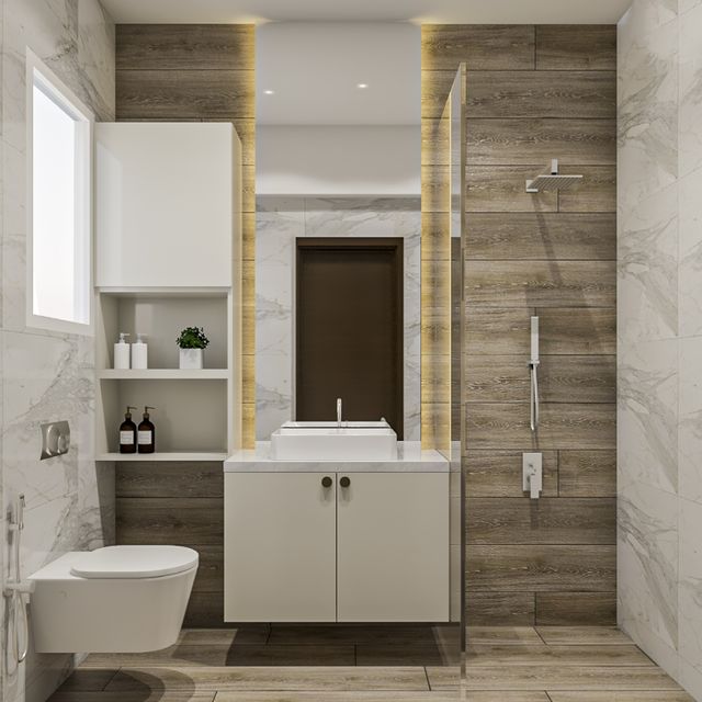 Compact Light Wood Bathroom Design WIth Long Rectangular Mirror | Livspace