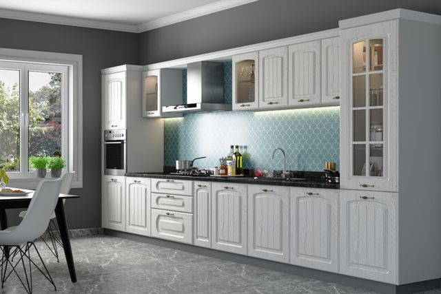 Contemporary Open Kitchen Design with Off-White Cabinets and Granite ...
