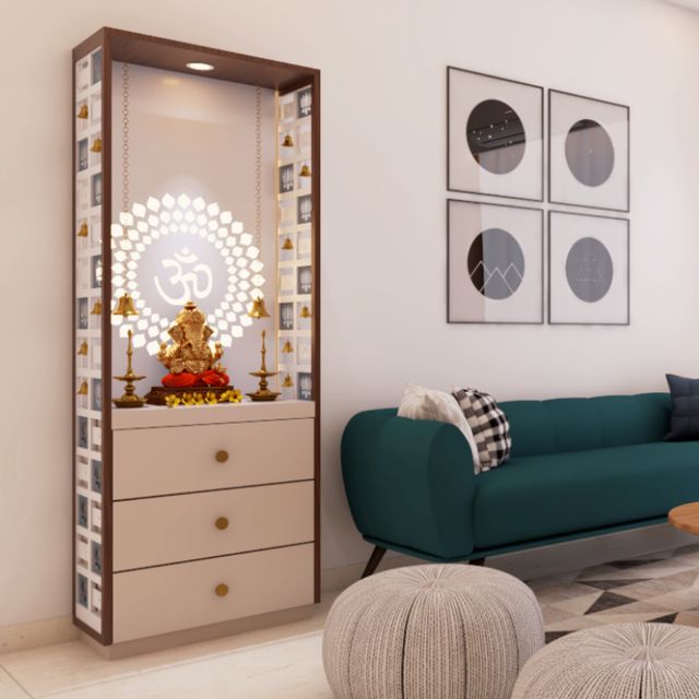 Vertical Floor-Mounted White Mandir Design With 3-Drawer Storage | Livspace