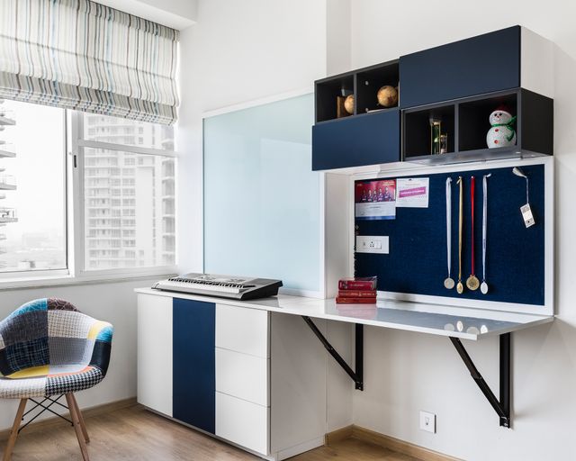 Spacious White And Blue Home Office Design With Base Units And Wall ...