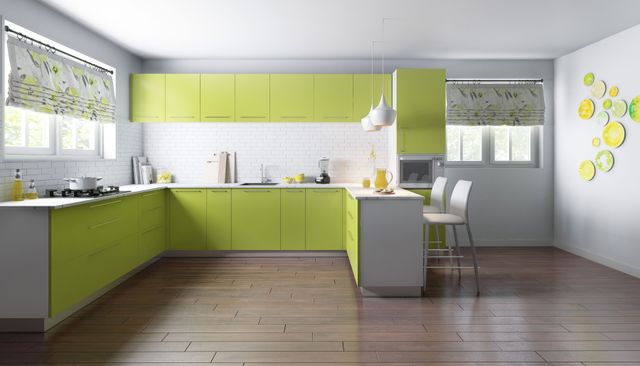 Spacious Lime Green U-Shaped Modern Kitchen Design With White Subway ...