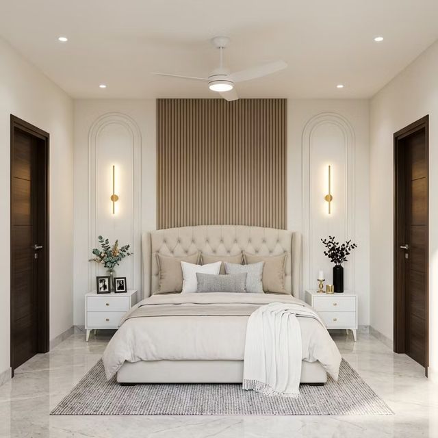 Contemporary Master Bedroom Design with Slatted Wall and Beige Bed ...