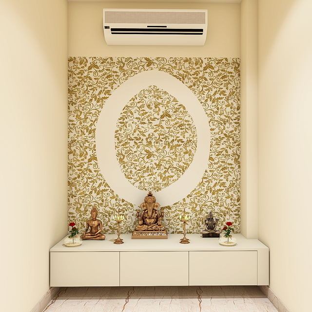 Patterned Wall Pooja Room Design with Storage Pooja Unit | Livspace