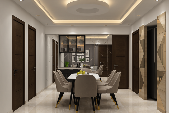 Contemporary Dining Room with Six-Seater Dining Space and Mirrored Wall ...