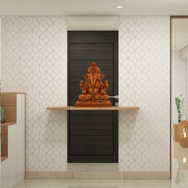 Modern Foyer Design With Abstract Wallpaper And Wooden Ledge For Idol ...