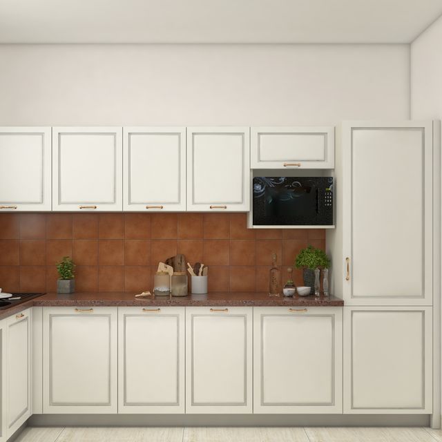 Compact U-Shaped Kitchen Design With Profiled White Shutters | Livspace