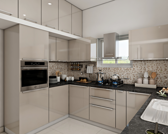 Modern Spacious Kitchen With Dado Tiles | Livspace