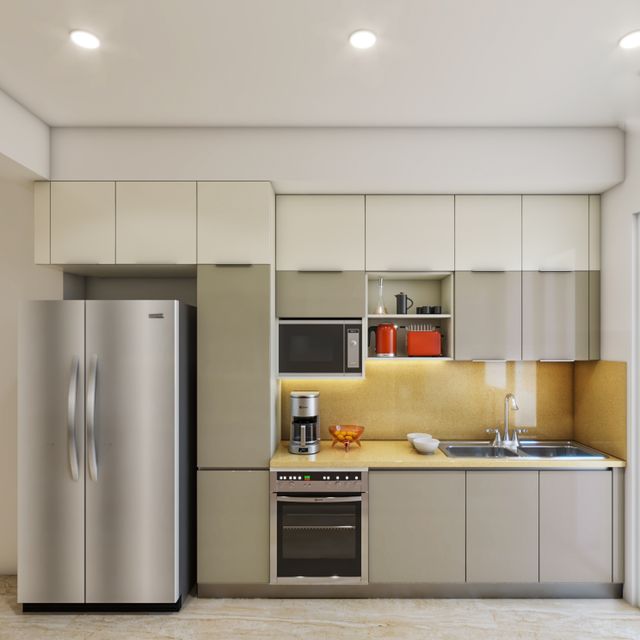 Spacious Kitchen Design With Aluminium Frames And Glass Shutters | Livspace