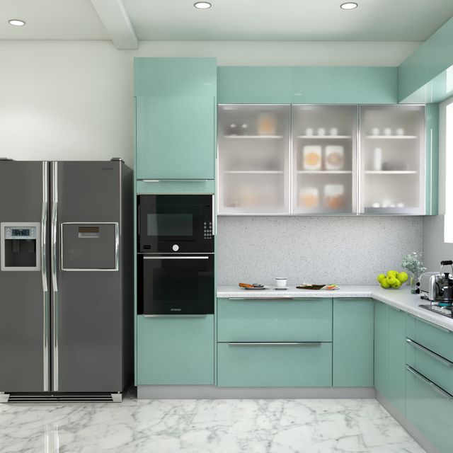 Light Blue Modern Compact U-Shaped Kitchen Design | Livspace
