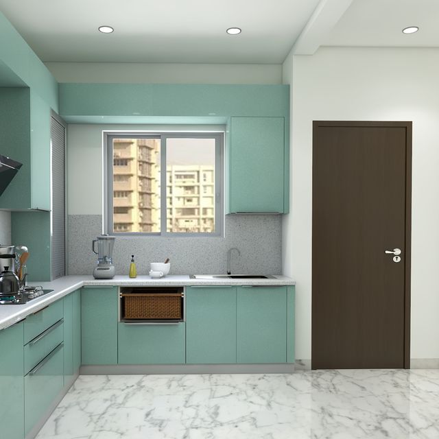 Light Blue Modern Compact U-Shaped Kitchen Design | Livspace
