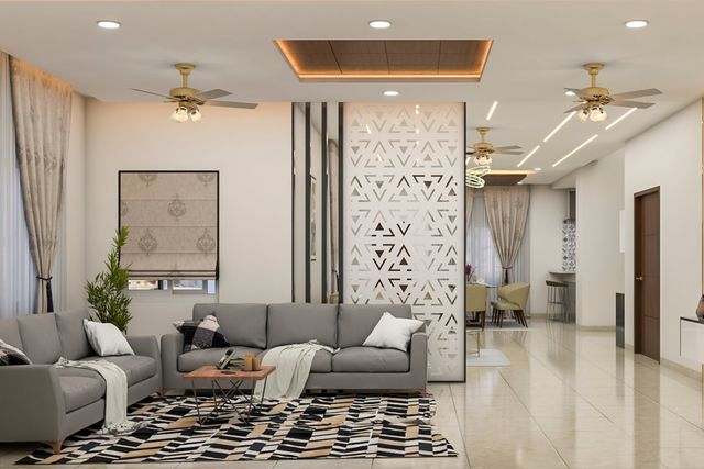 Modern Living Room Design With CNC Partition And Grey Seaters | Livspace