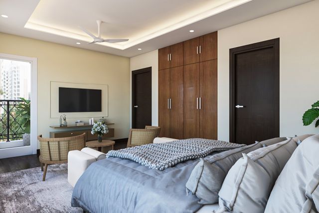 Spacious Bedroom Design With Grey Furnishing | Livspace