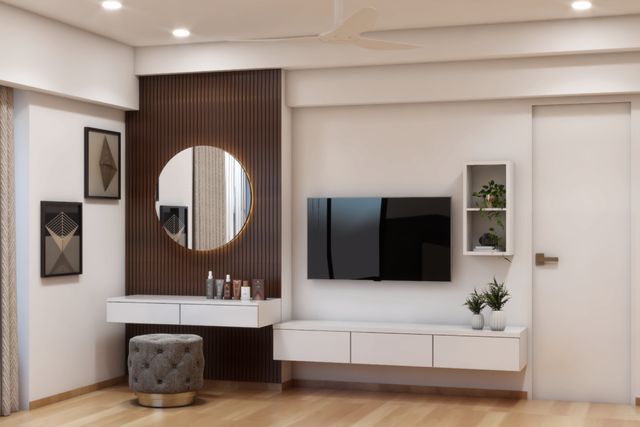 Spacious TV Unit Styled With Circular Mirror | Livspace