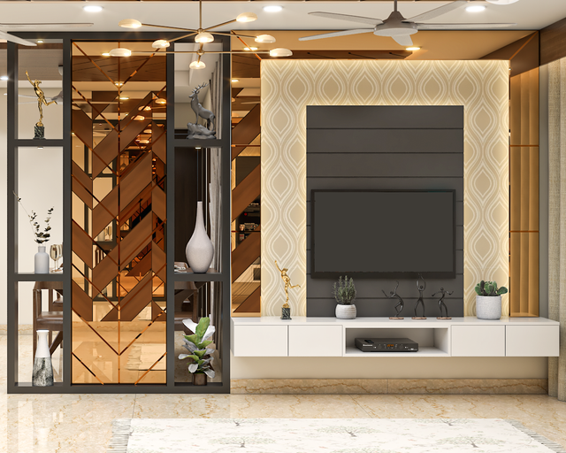 Spacious TV Unit Design With Gold-Tinted Chevron Patterned Mirror ...