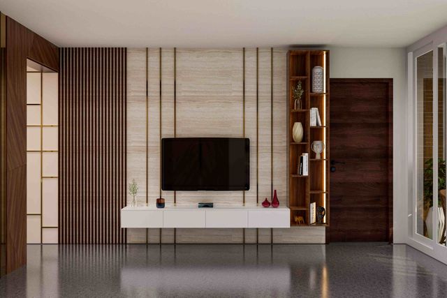 Modern TV Unit Design With Beige Wallpaper | Livspace