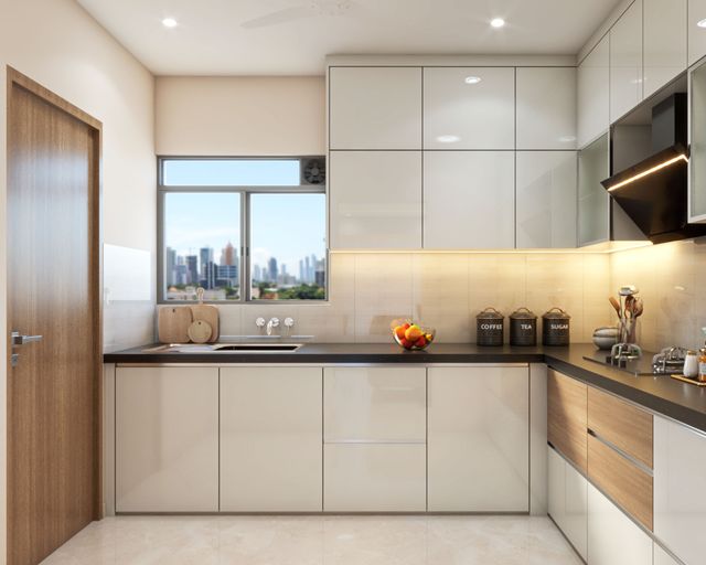 Champagne And Walnut-Toned L Shape Kitchen Design | Livspace