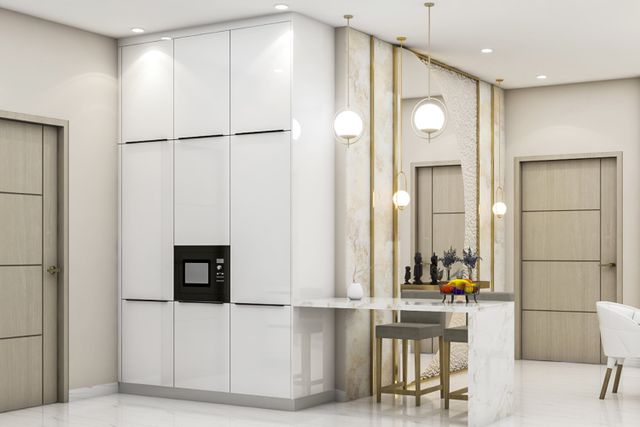 Modular Open Kitchen Design In Frosty White With Frosted Shutters ...