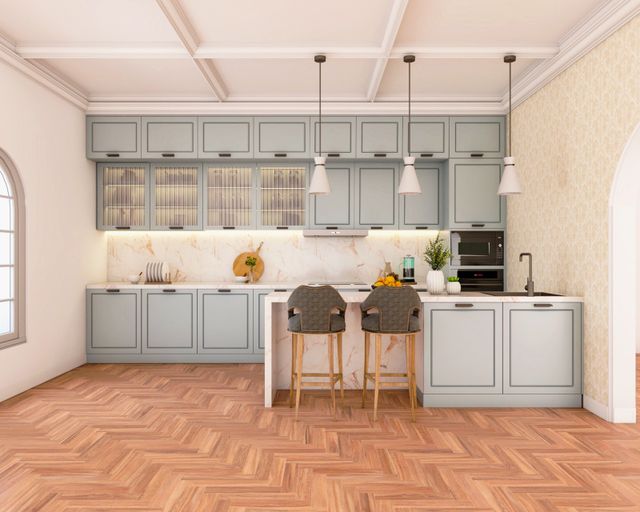 Peninsula Modular Kitchen Design With Cianite Cabinets And Herringbone ...