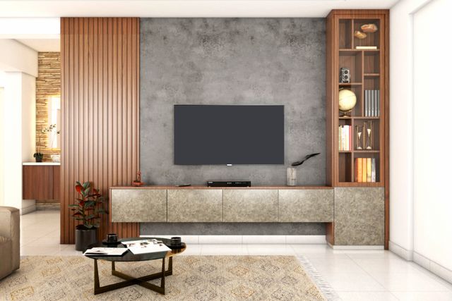 TV Unit Design With Grey Accent Wall And Wooden Fluted Panels - 12x11 Ft | Livspace