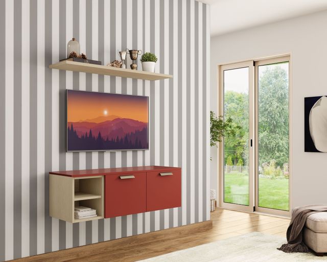 Modern TV Unit Design in Light Red and Walnut Colour with Storage ...