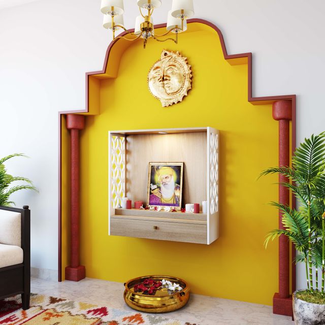 Indian Traditional Pooja Unit Design with Drawer and Overhead Lighting ...
