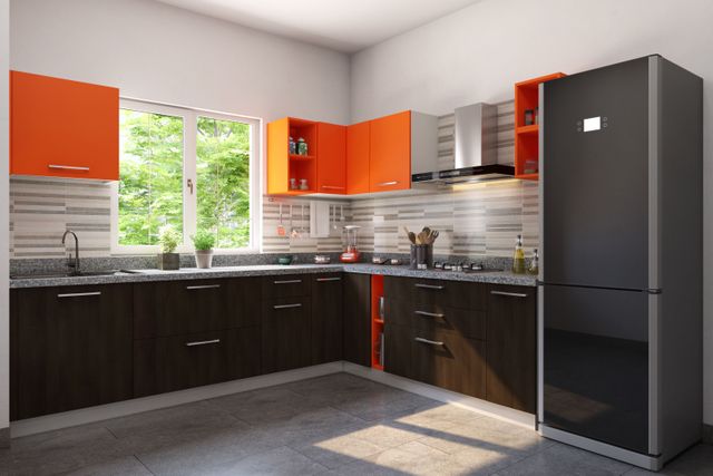 Modern L-Shaped Kitchen Design with Open Unit and Stylish Backsplash ...