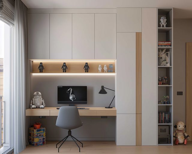 Contemporary White, Grey & Wood Home Office Design with Floating Desk ...