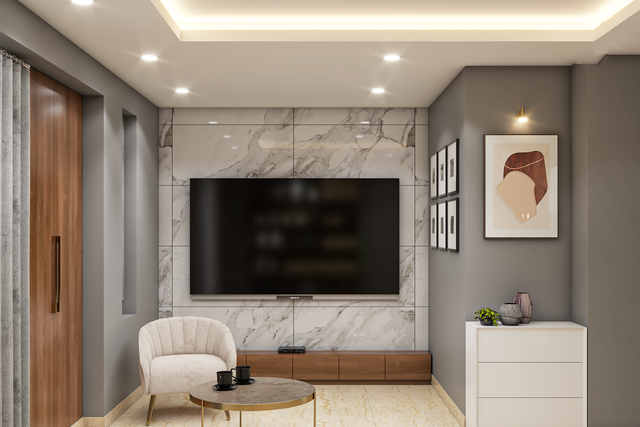 Modern Study Room with Cushioned Seater, Book Shelf, and Wall-Mounted ...