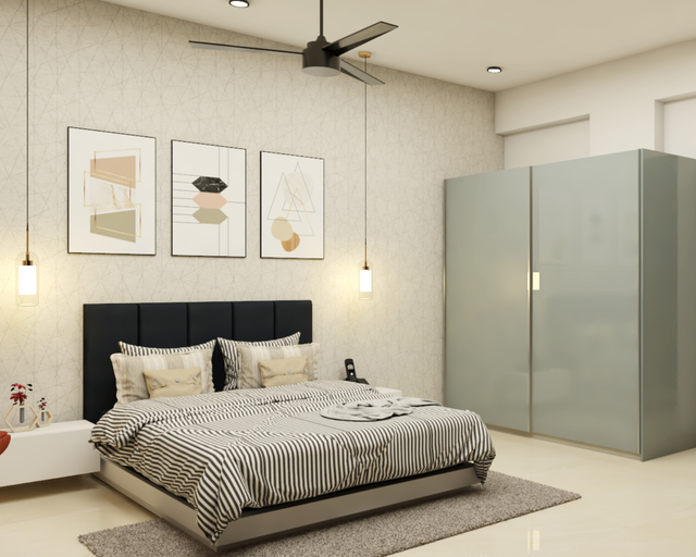 Contemporary Bedroom with Black Headboard and Handleless Wardrobe ...