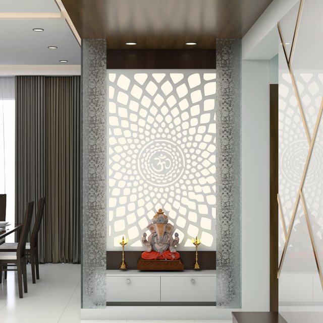 Modern Pooja Room with Wooden Ceiling and White Jaali | Livspace