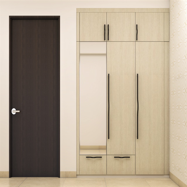 Beige Coloured Compact Hinged Wardrobe with Mirror and Lofts | Livspace