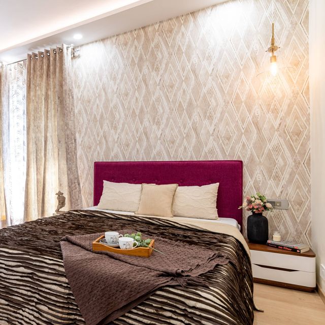 Beige Bedroom Wallpaper Design With Hanging Lights | Livspace