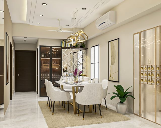 6-Seater White Dining Room Design With Crockery Unit And Bevelled ...