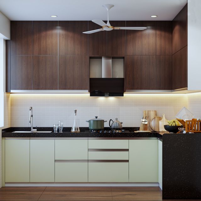 Classic Champagne and Walnut L-Shaped Kitchen Design with Granite ...