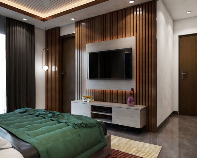 Wall-Mounted Contemporary TV Console With Dark Wood Fluted Panels ...