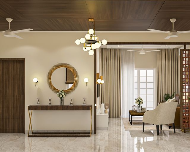 Beige Contemporary Foyer Design With Wooden Table And Circular Wall ...