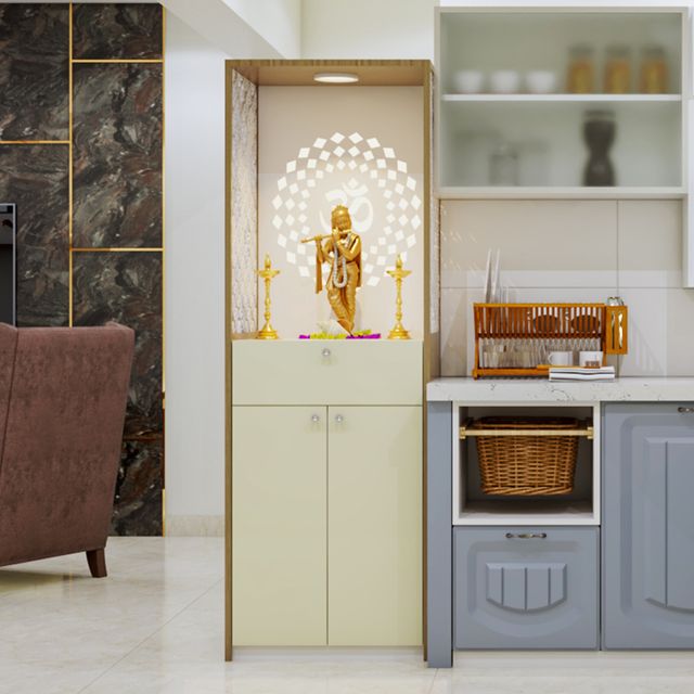 Champagne-Toned Mandir Design With Om Mandla And Shutter Storage | Livspace
