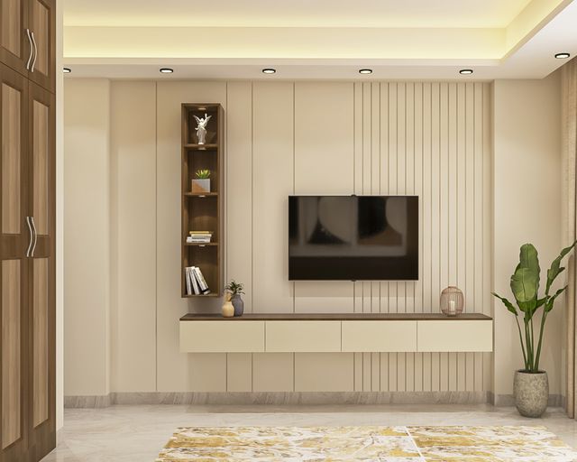 Champagne-Toned And Wooden Wall-Mounted TV Console Design With Open ...