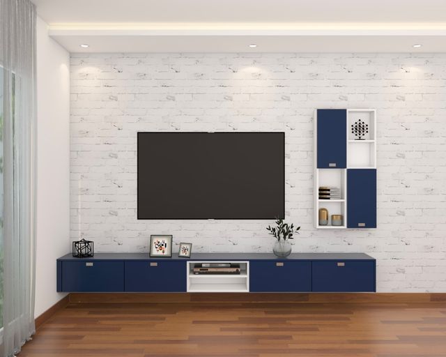 White And Blue Modern TV Unit Design | Livspace