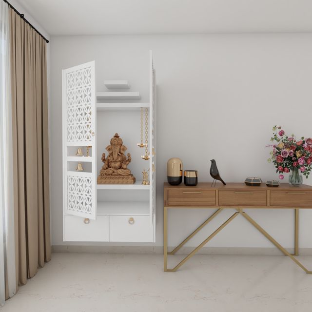 Frosty White Wall-Mounted Mandir Design | Livspace
