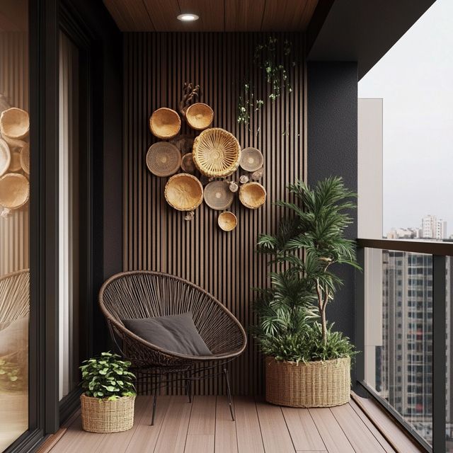 Balcony Design Featuring Rustic Organic Textures, Fluted Wall Panels ...