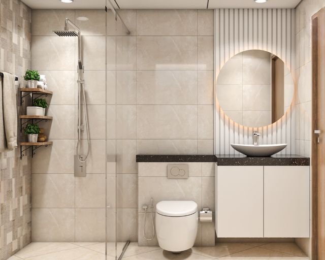 Modern Bathroom Design with Glass Partition, Vanity Storage, and Fluted Wall Panels | Livspace