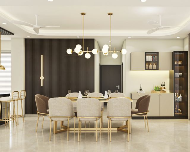 Dining Room Design with Contemporary Chandelier, Golden 8-Seater Dining ...