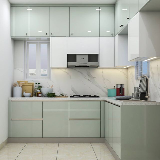 L-Shaped Modern Kitchen Design with Marble Countertop, White and Light ...