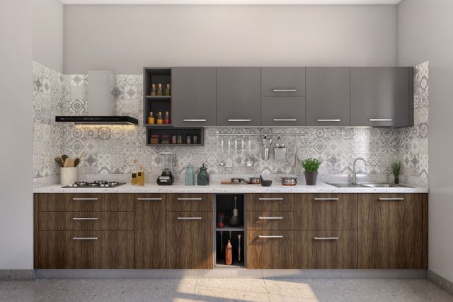 Straight Minimal Kitchen Design with Quartz Countertop and Walnut and ...