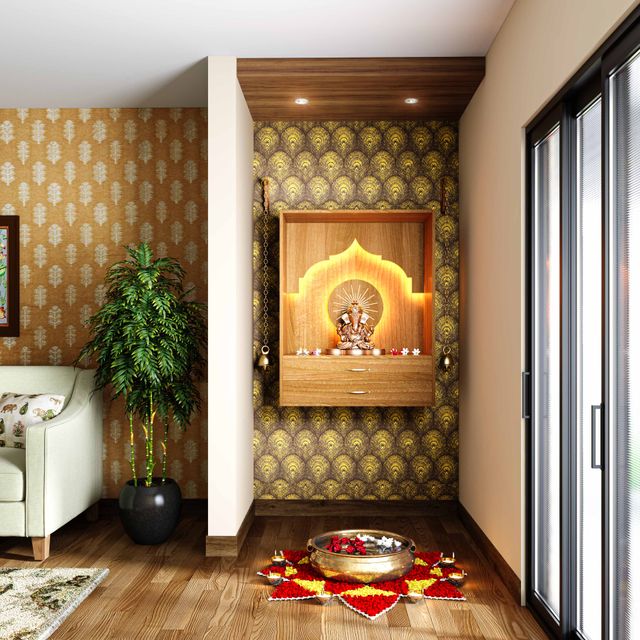 Pooja Unit Design in Contemporary Persian Walnut with Peacock Feather ...