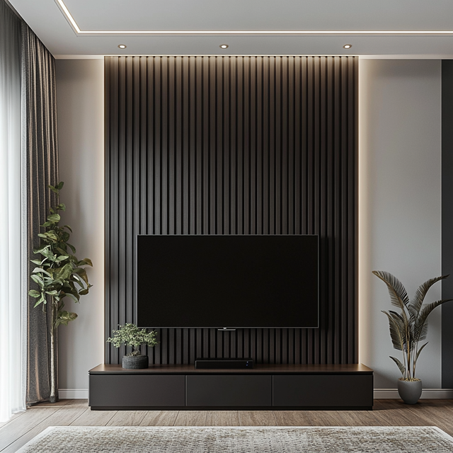 Modern Tv Unit Design With Wooden Fluted Panels And Floor Mounted